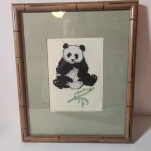 Art | Vintage Panda Bear Cross Stitch Framed Art Faux Bamboo Wood Frame ...